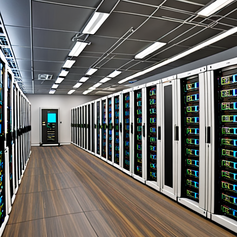 generates a server room with cables and people working