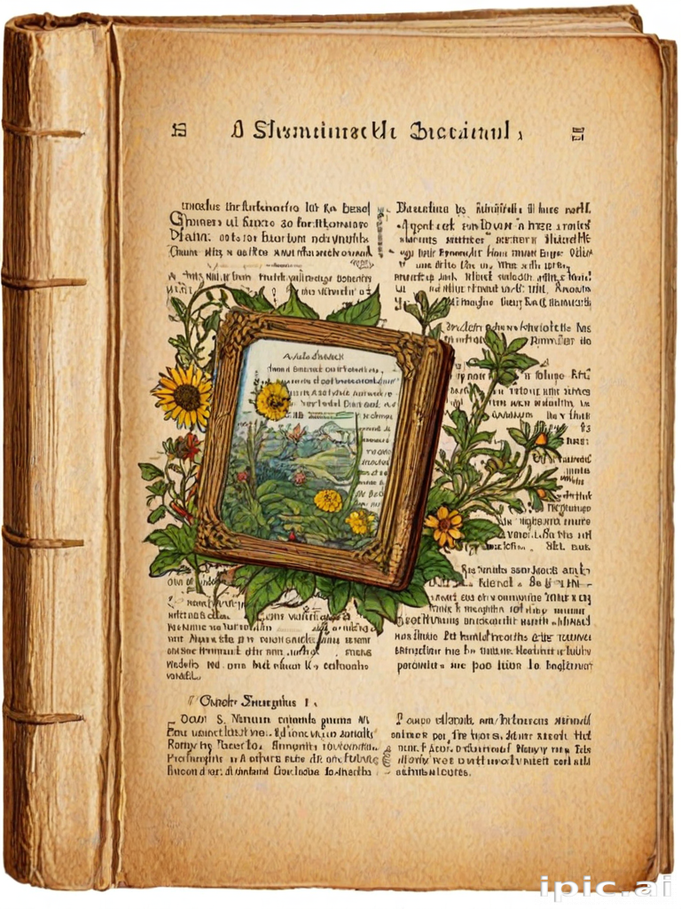 A Vintage Book Page Featuring Beautiful Sunflowers and a Framed ...