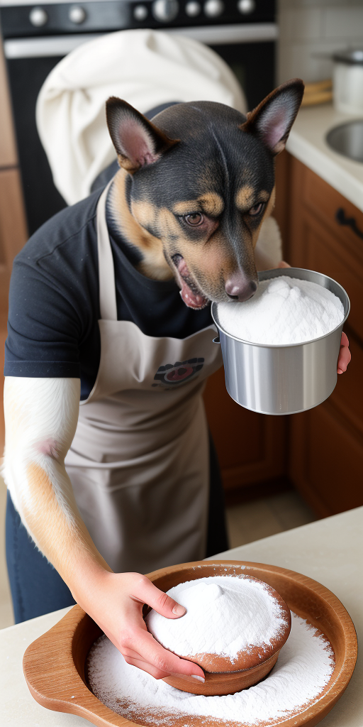 Dog in an Apron Playfully Baking a Cake with Sugar Bowl