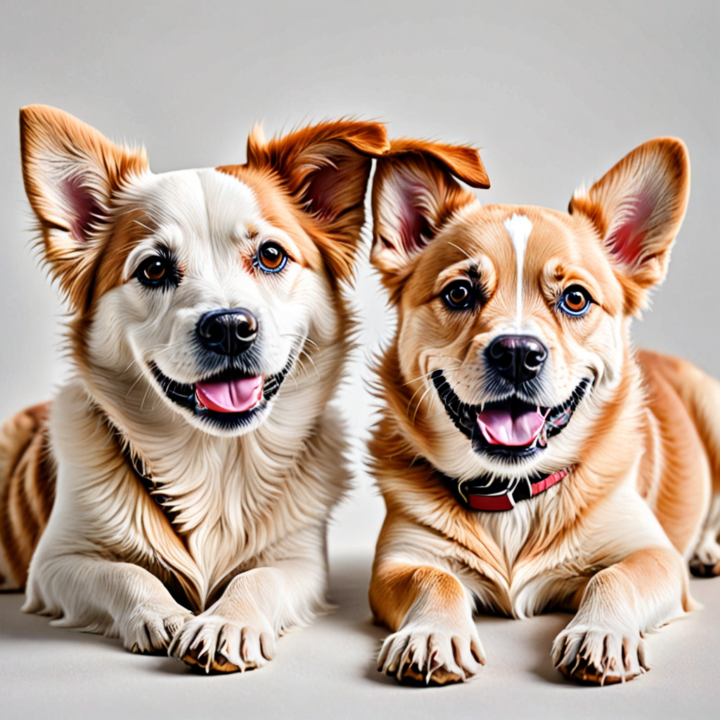 happy cute, 2 different dogs, playing, white background, realistic ...