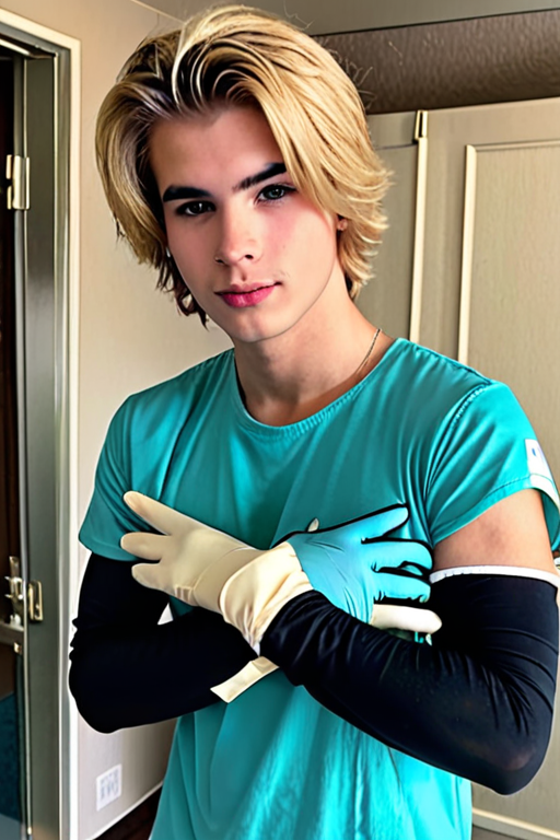 handsome emo cute twink with blonde hair and medical gloves