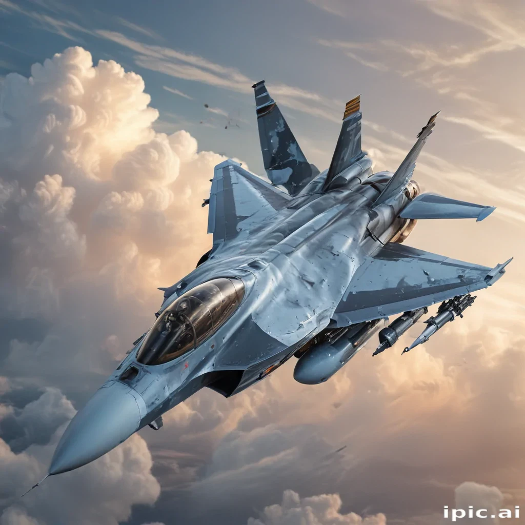 Futuristic Fighter Jet Soaring Through Dramatic Clouds at Sunset Sky