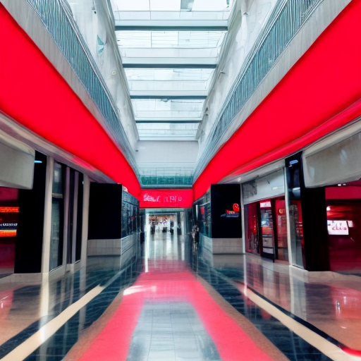 Empty mall shining with red lights
