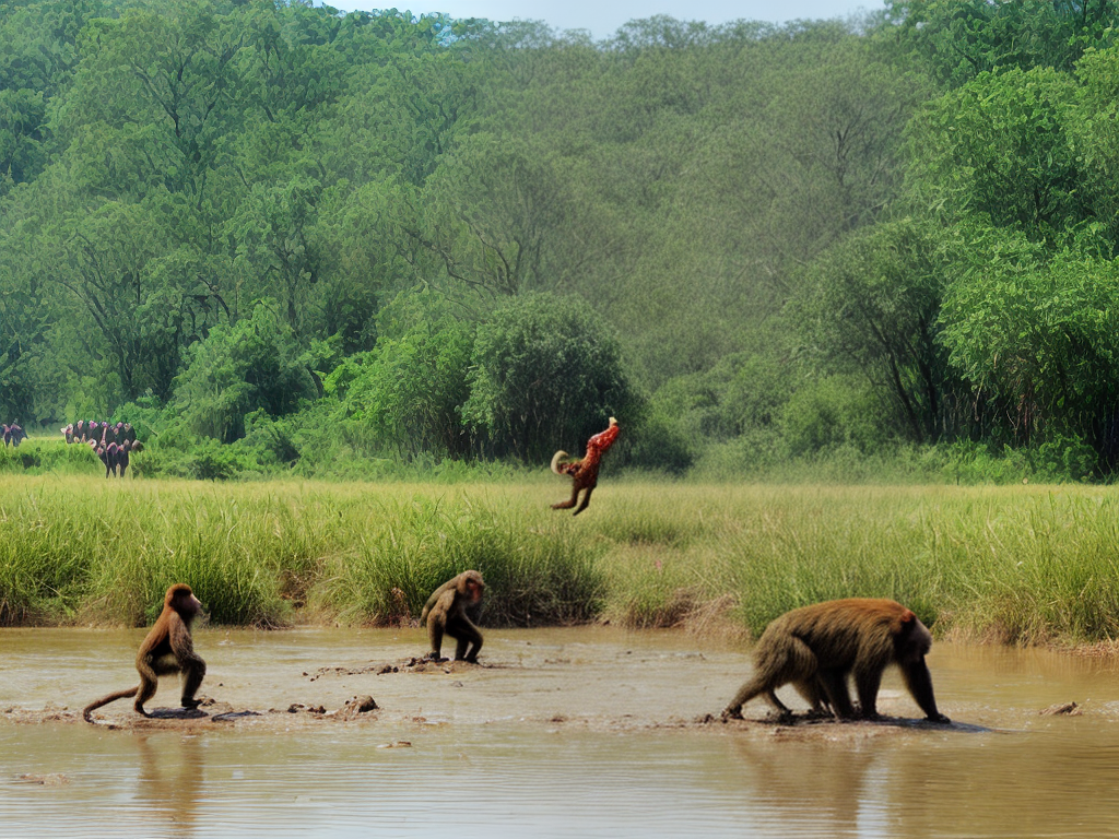 monkey throwing mud balls on the troop of hunters
