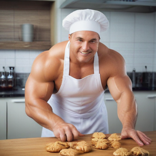 big muscle man making cookies in chef hat