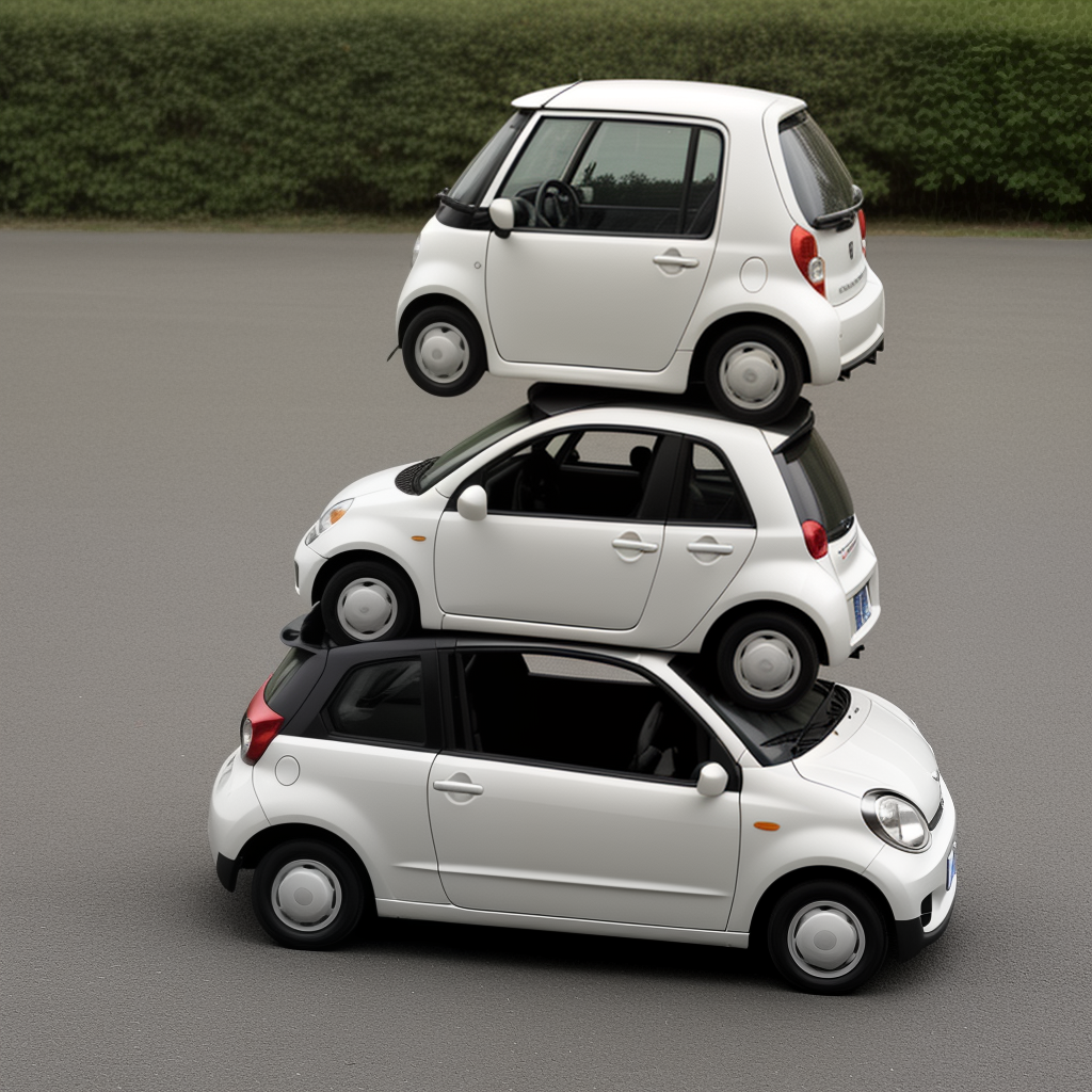 Three Compact Cars Stacked Vertically in a Creative Urban Display