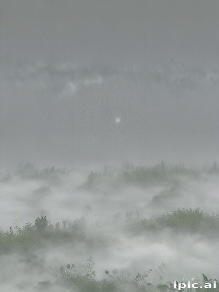 Enigmatic Landscape Shrouded in Mist with a Glimmering Light Above