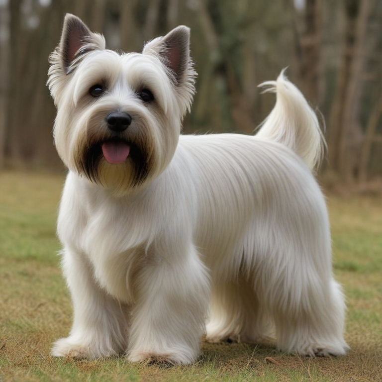 A Playful White Dog Standing in a Lush Green Forest Setting.