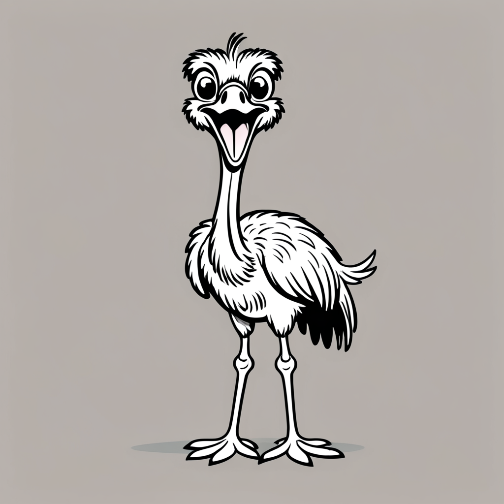 simple line drawing of cartoon Pixar style happy, excited ostrich whole ...