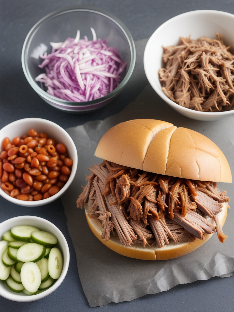 Delicious Pulled Beef Sandwich with Fresh Toppings and Flavorful Sides ...