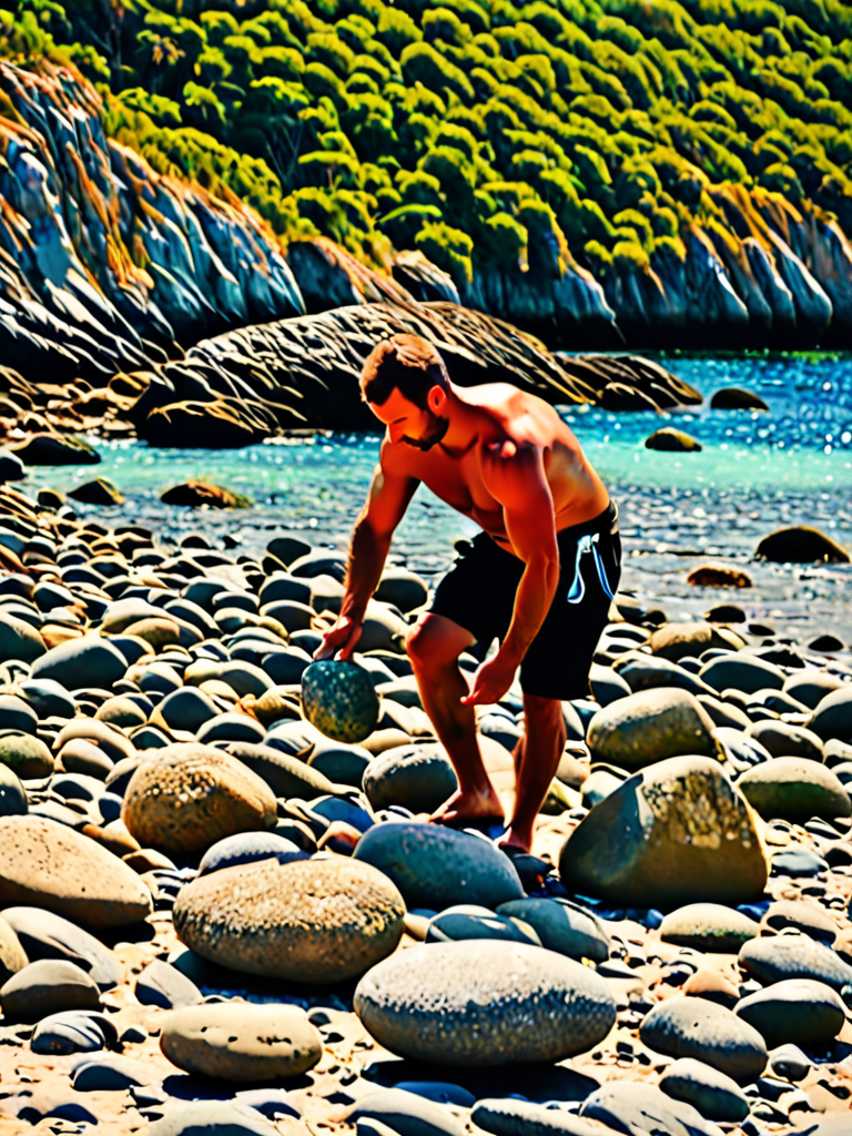 man gathers rocks on a deserted island