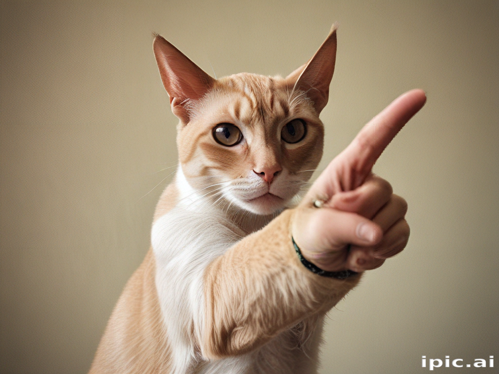 Playful Cat Demonstrating Its Commanding Presence with a Pointing Gesture