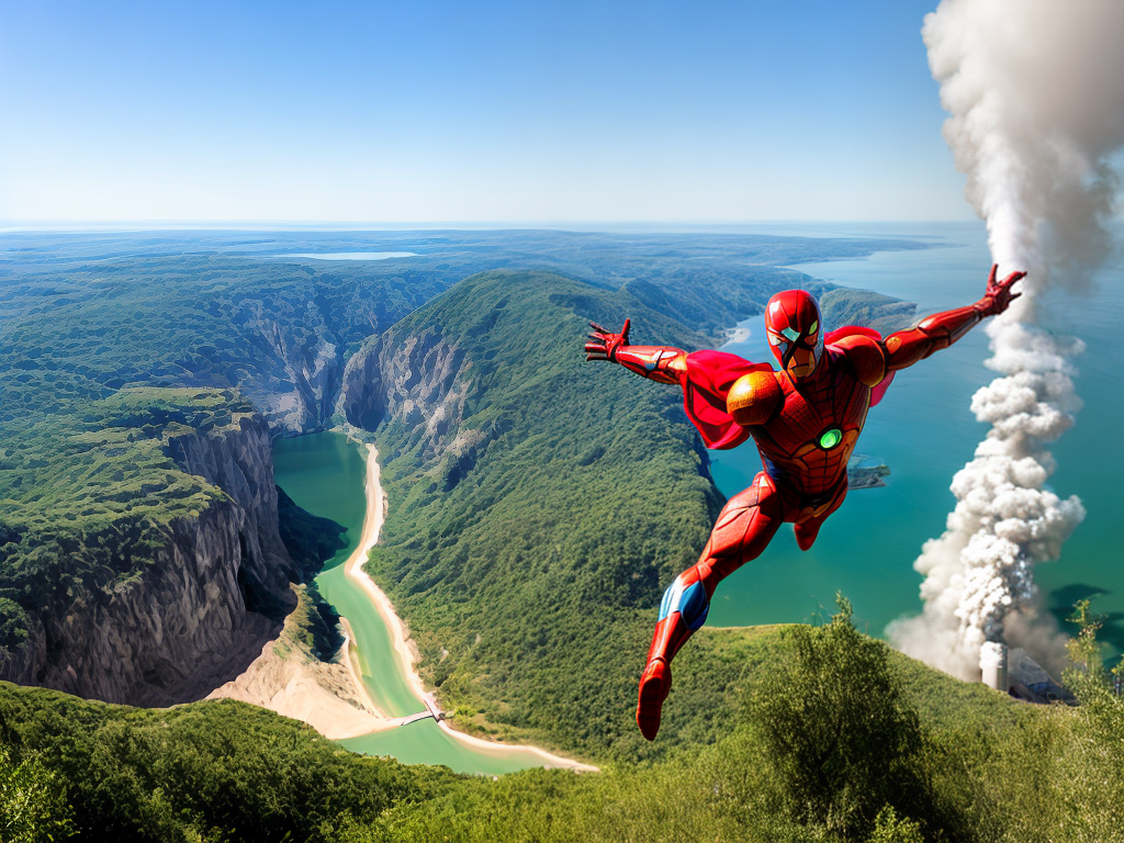 superhero swooping to defend a power station which is being threatened ...