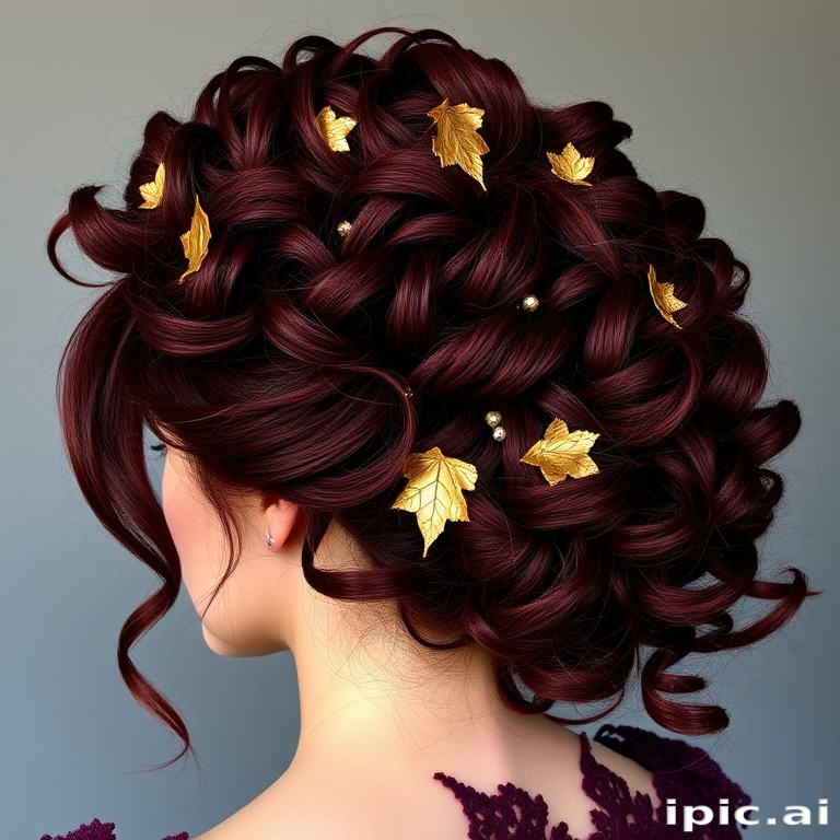Elegant Fall-Inspired Updo with Golden Leaves and Romantic Curls