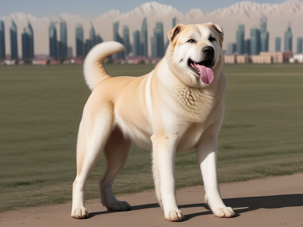 A Playful Dog Stands Proudly Against a Stunning City Skyline Backdrop.