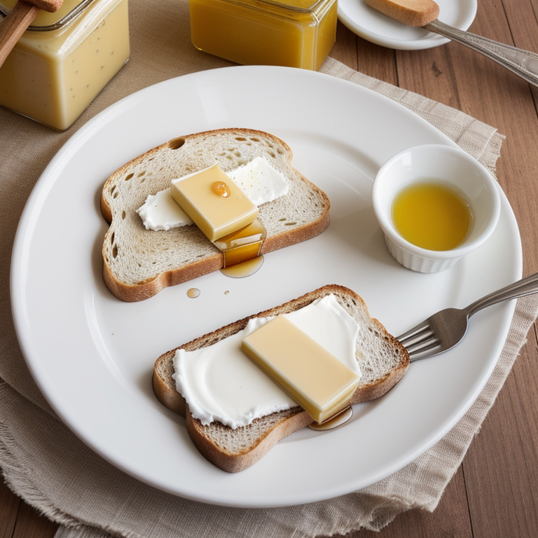Delicious Breakfast Spread Featuring Creamy Cheese on Toast with Honey ...