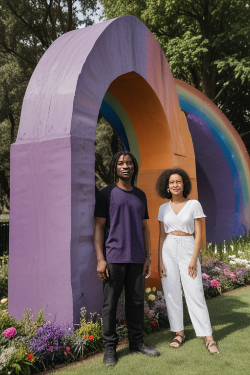 several BIPOC people standing in front of a purple monument with a ...