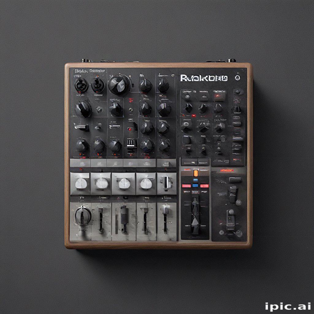 Vintage Audio Mixer with Multiple Knobs and Faders on Dark Background