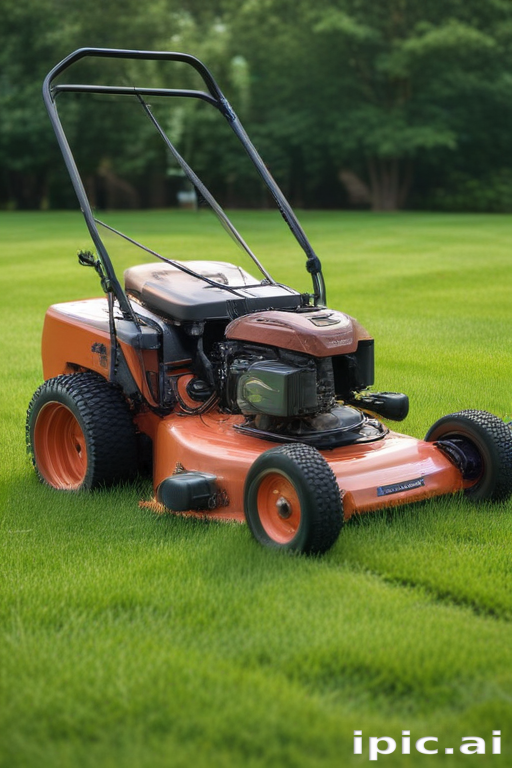Bright Orange Lawn Mower Positioned on Lush Green Grass in Garden