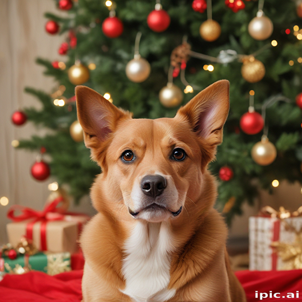 A Festive Dog Posing Cheerfully in Front of a Christmas Tree.