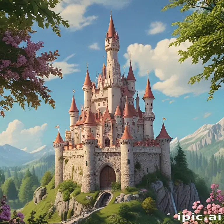 Enchanting Fairy Tale Castle Surrounded by Lush Greenery and Flowers