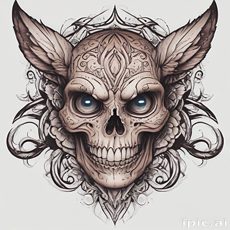 Intricate Skull Design with Floral Patterns and Whimsical Creature Features