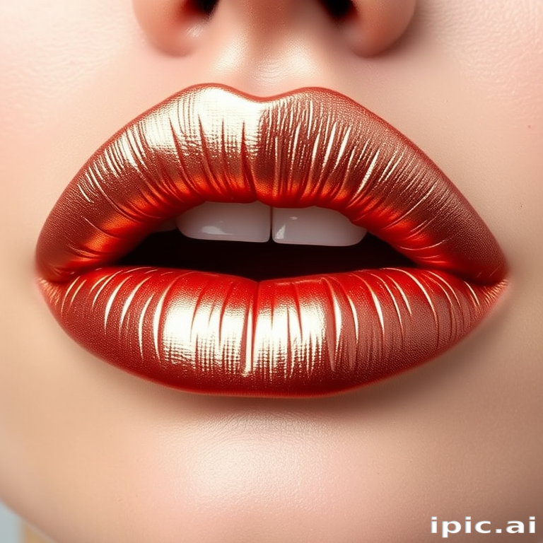 Stunning Close-Up of Glossy Lips with a Shimmering Red Metallic Finish