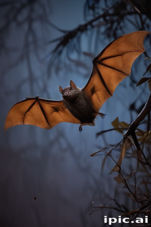 A Majestic Bat in Flight Amongst Dark Branches and Twilight Sky.