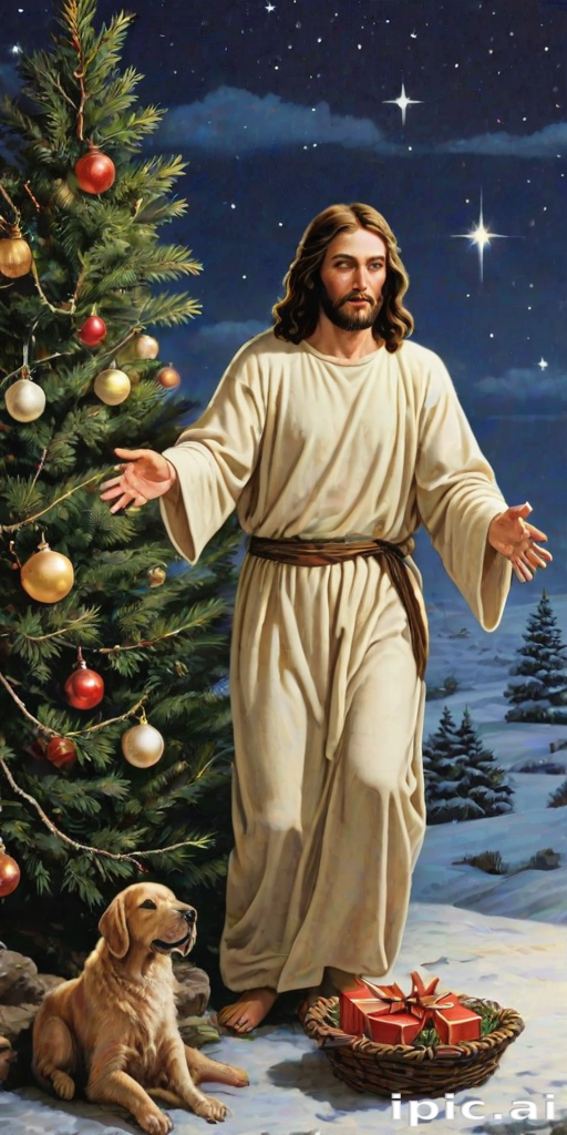 Jesus Christ Surrounded by Christmas Cheer and a Loyal Dog