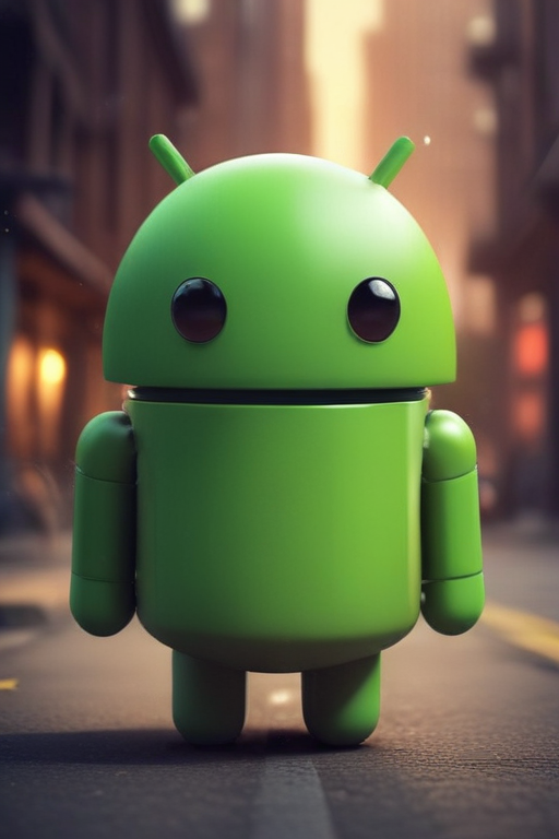 Friendly Green Android Robot Standing in a Vibrant City Street Scene
