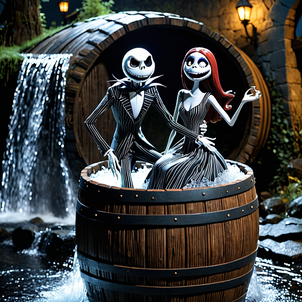 jack skellington and sally going over a waterfall in a barrel at night ...