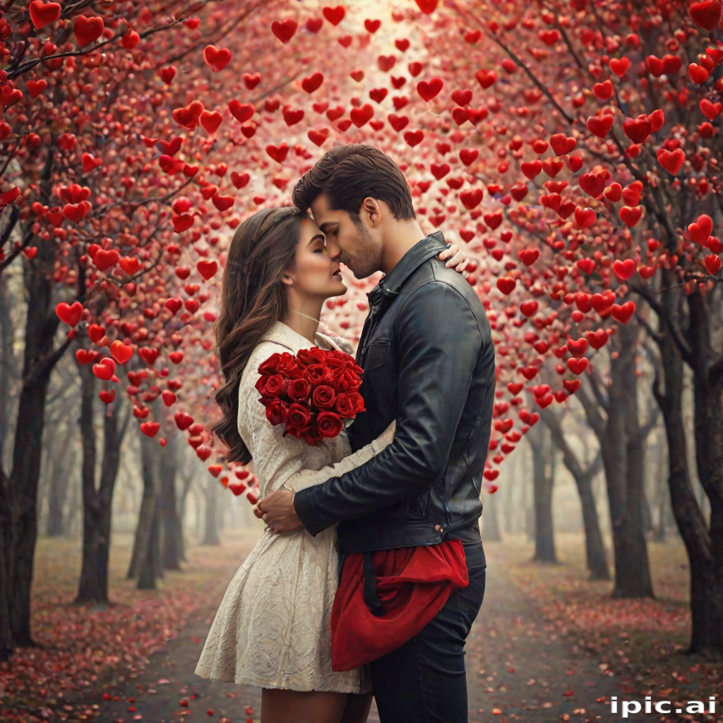 A Romantic Couple Embracing Surrounded by Floating Heart Decorations in ...