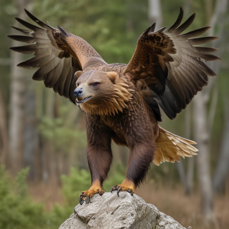 muscular hawk with wings spread and grizzly bear head.