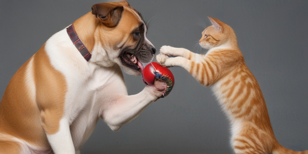 A dog gets in a boxing match with a cat
