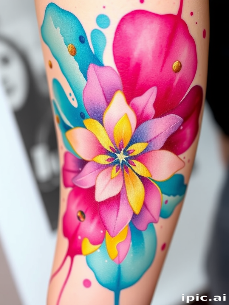 Vibrant Floral Tattoo Design Featuring Bold Colors and Artistic Splashes