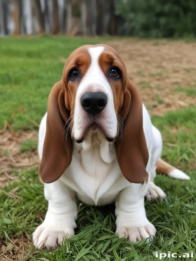 Adorable Basset Hound Puppy Sitting on Green Grass in Yard
