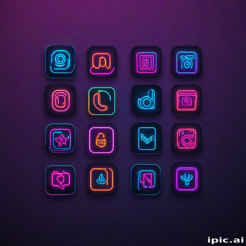 Colorful Neon App Icons Set Against a Dark, Vibrant Background