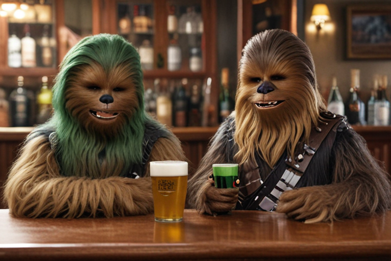 Green and chewbacca having a beer at a pub