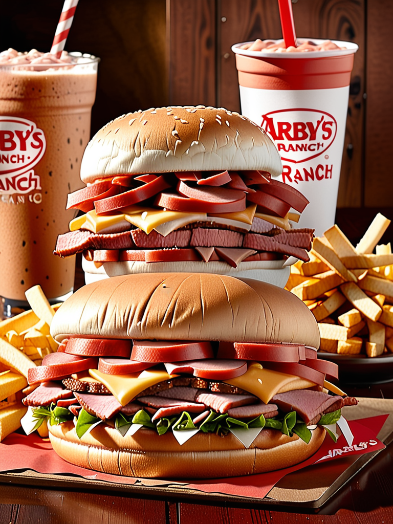 Delicious Feast of Arby's Signature Sandwiches with Fries and Shakes