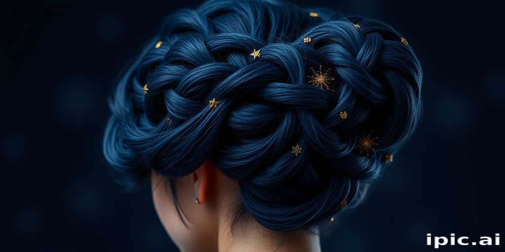 Elegant Updo with Intricate Braids and Sparkling Gold Accents in Blue Hair