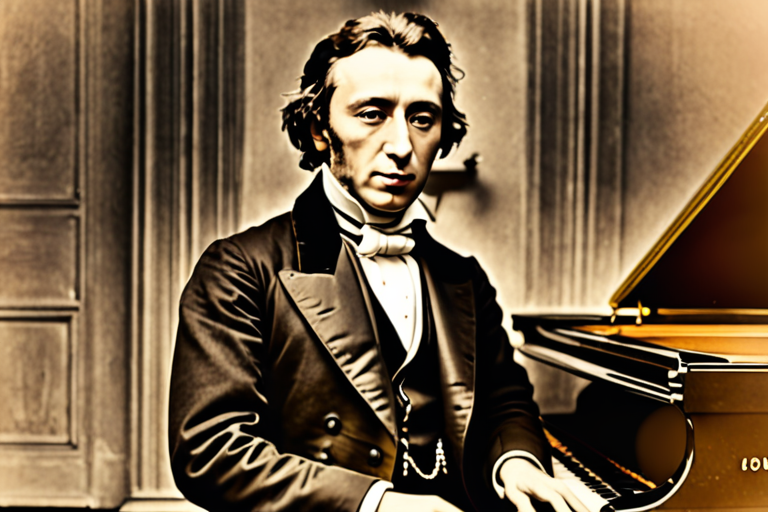 A photograph style picture of Chopin at the piano