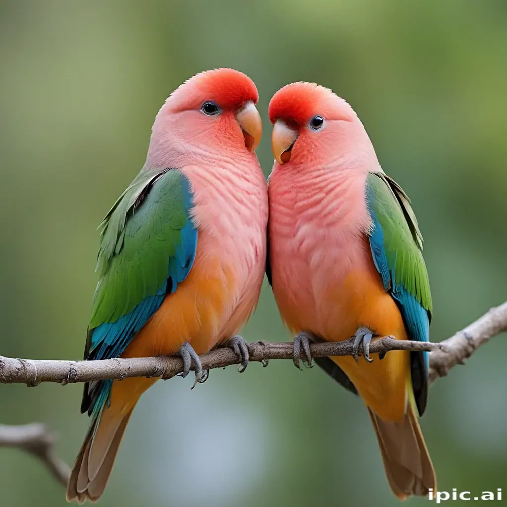 Two Vibrant Lovebirds Affectionately Nestled Together on a Branch