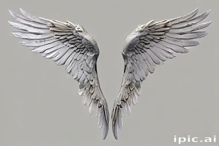 Majestic Silver Wings Spreading Wide Against a Soft Gray Background