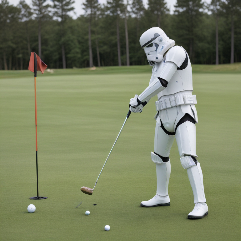 A stormtrooper playing golf with Patrick Star