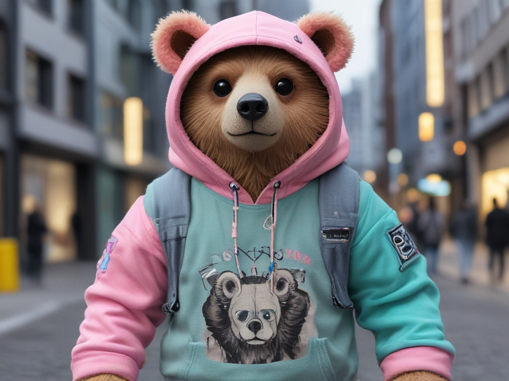 In the bustling city, a humanoid bear rocks a colorful hoodie with ...