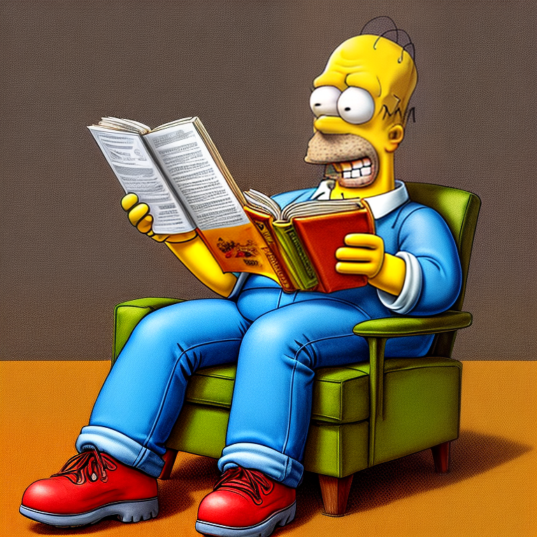 homer simpson reading a book with a mug of beer in his hand