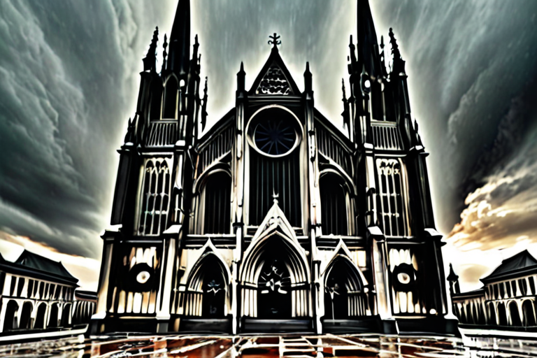 demonic gothic cathedral during apocalyptic conditions. end of the ...