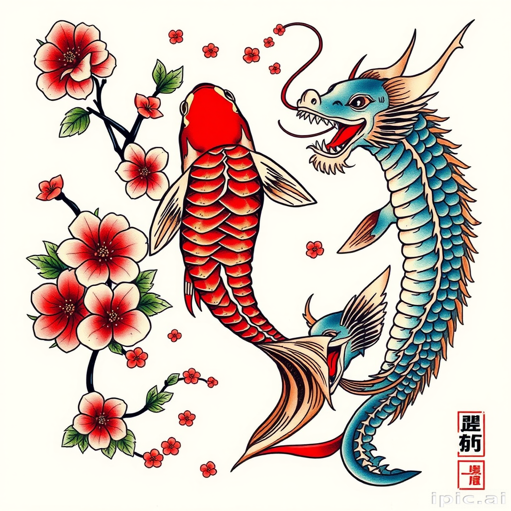 Colorful Koi Fish and Mythical Dragon Surrounded by Cherry Blossom Flowers