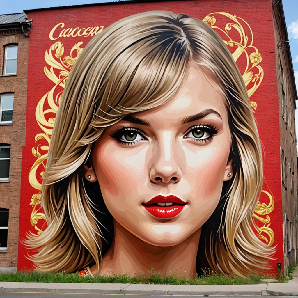 CCCP harvest propaganda style building mural featuring Taylor Swift