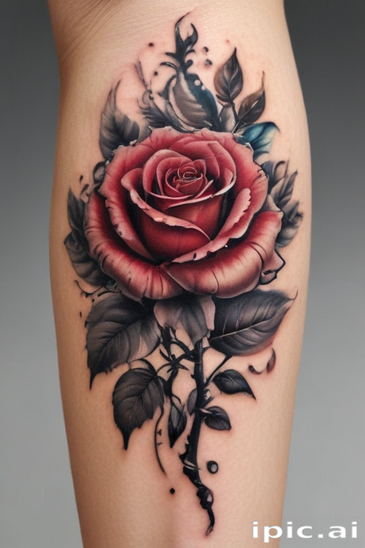 Intricate and Vibrant Tattoo Design of a Rose with Leaves and Thorns